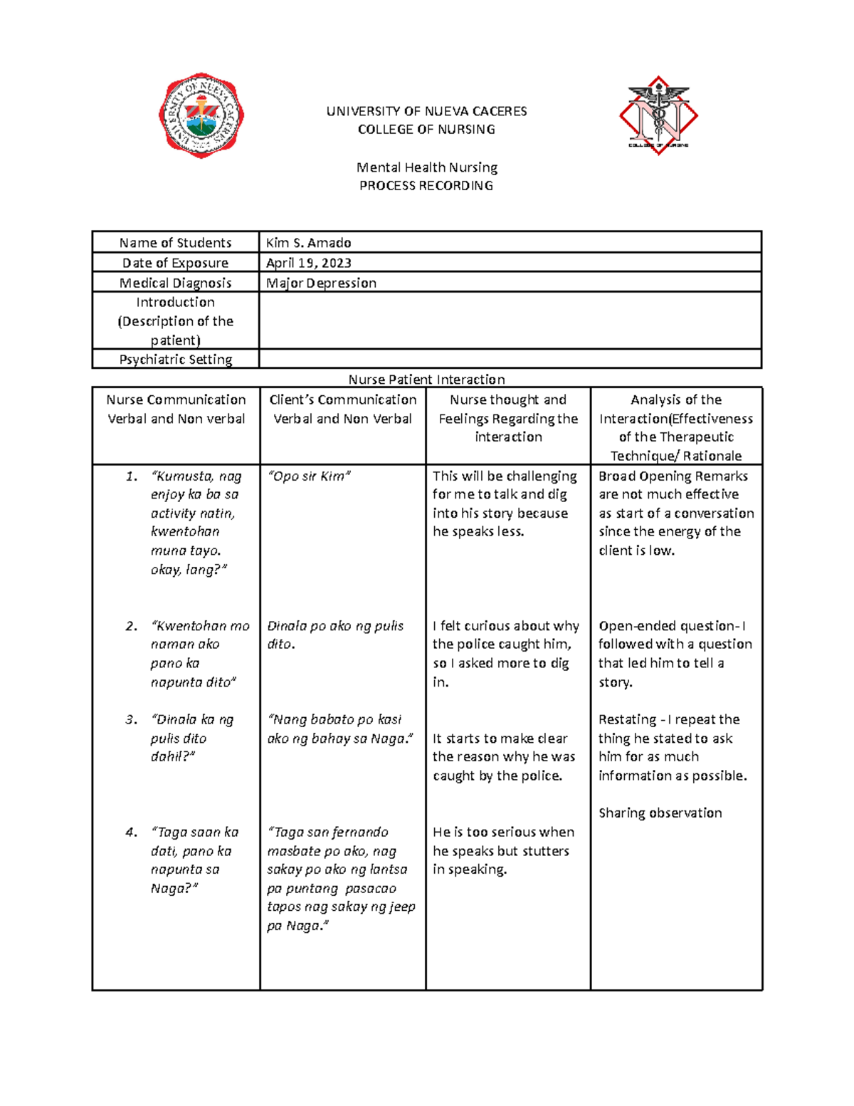 Process Recording Format.docx - UNIVERSITY OF NUEVA CACERES COLLEGE OF ...