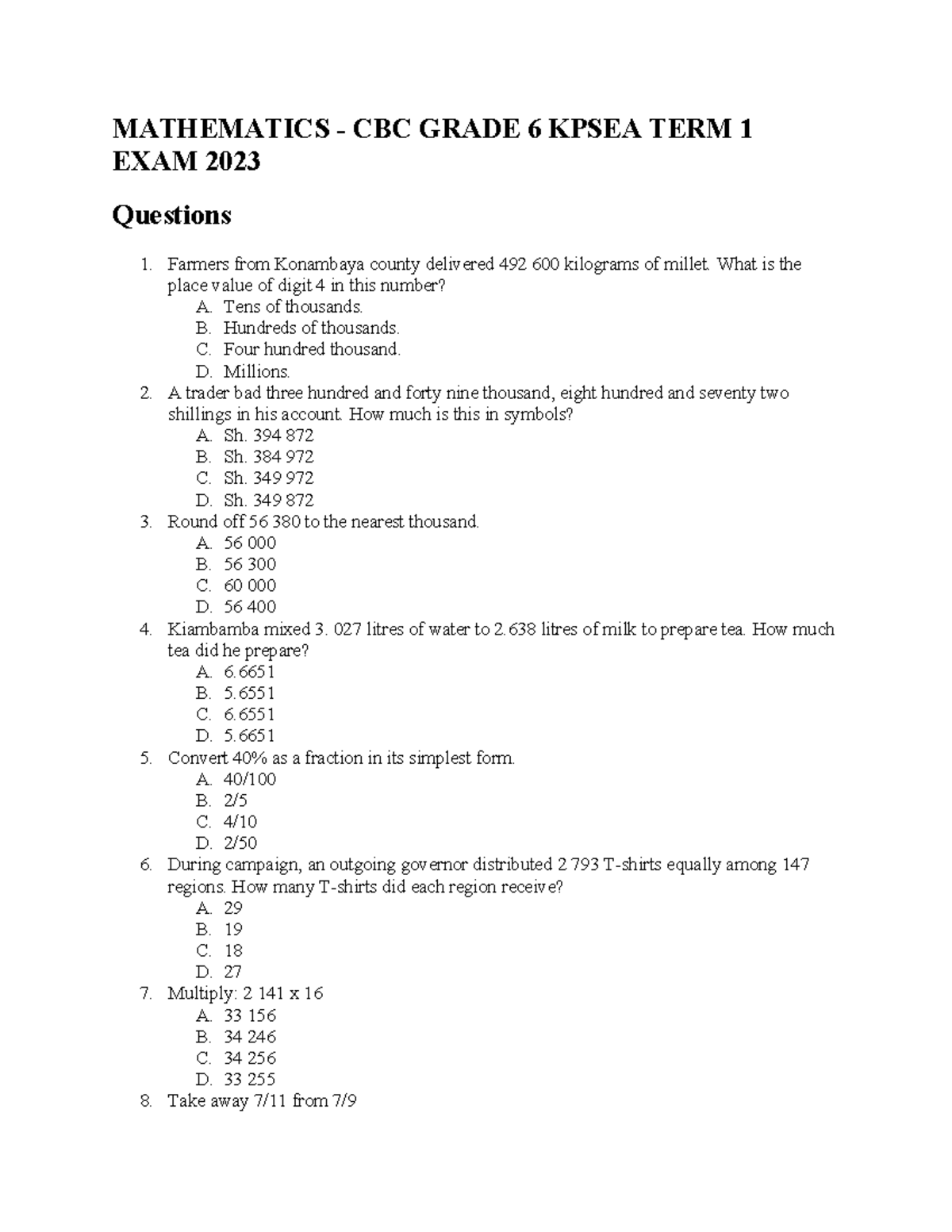 Mathematics-3 - Revisional - MATHEMATICS - CBC GRADE 6 KPSEA TERM 1 ...