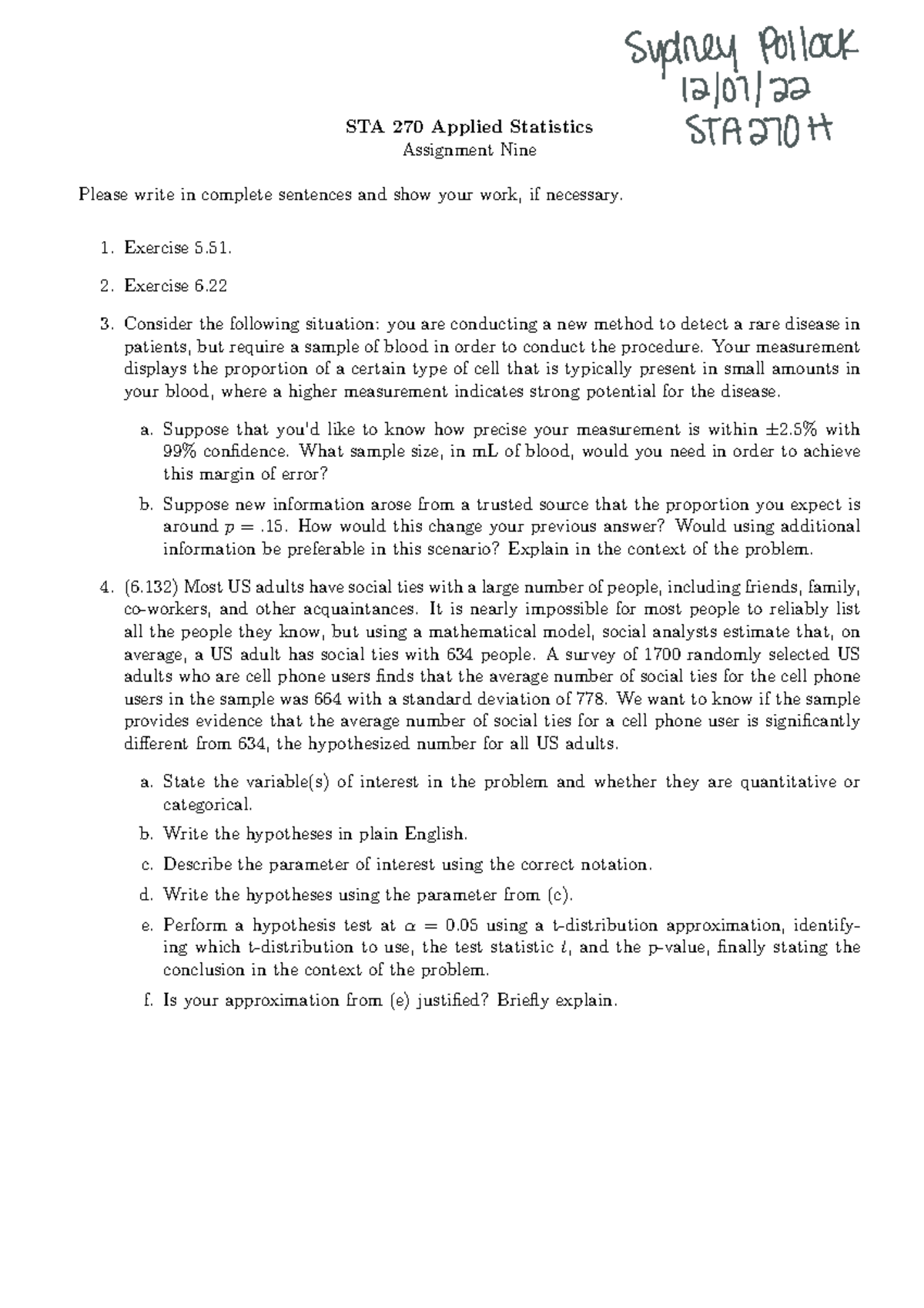 Written HW 9 - Homework assignments. Unique problems, as well as ...