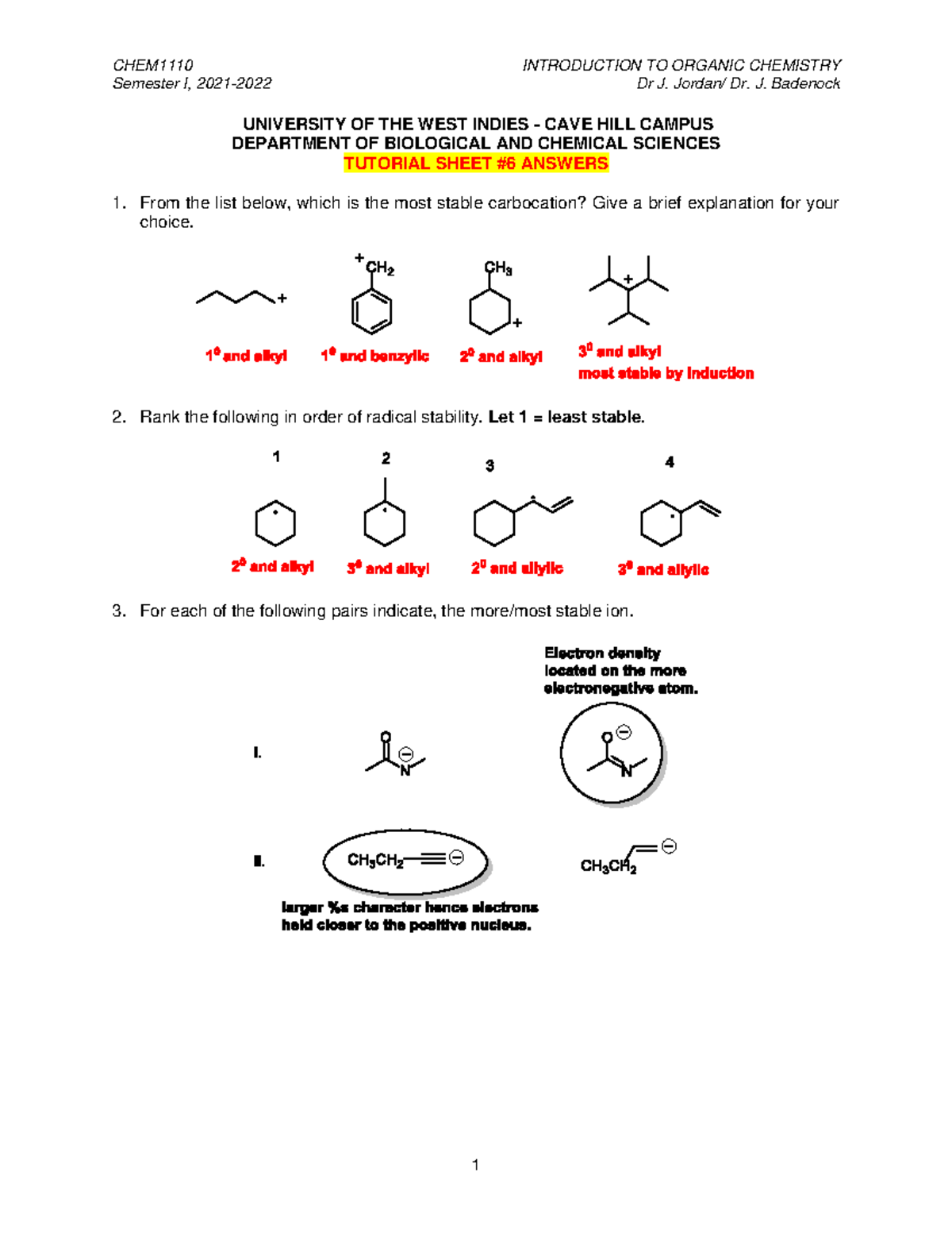 CHEM1110 Tutorial #6 Answers 2021-2022 - Semester I, 2021-2022 Dr J ...