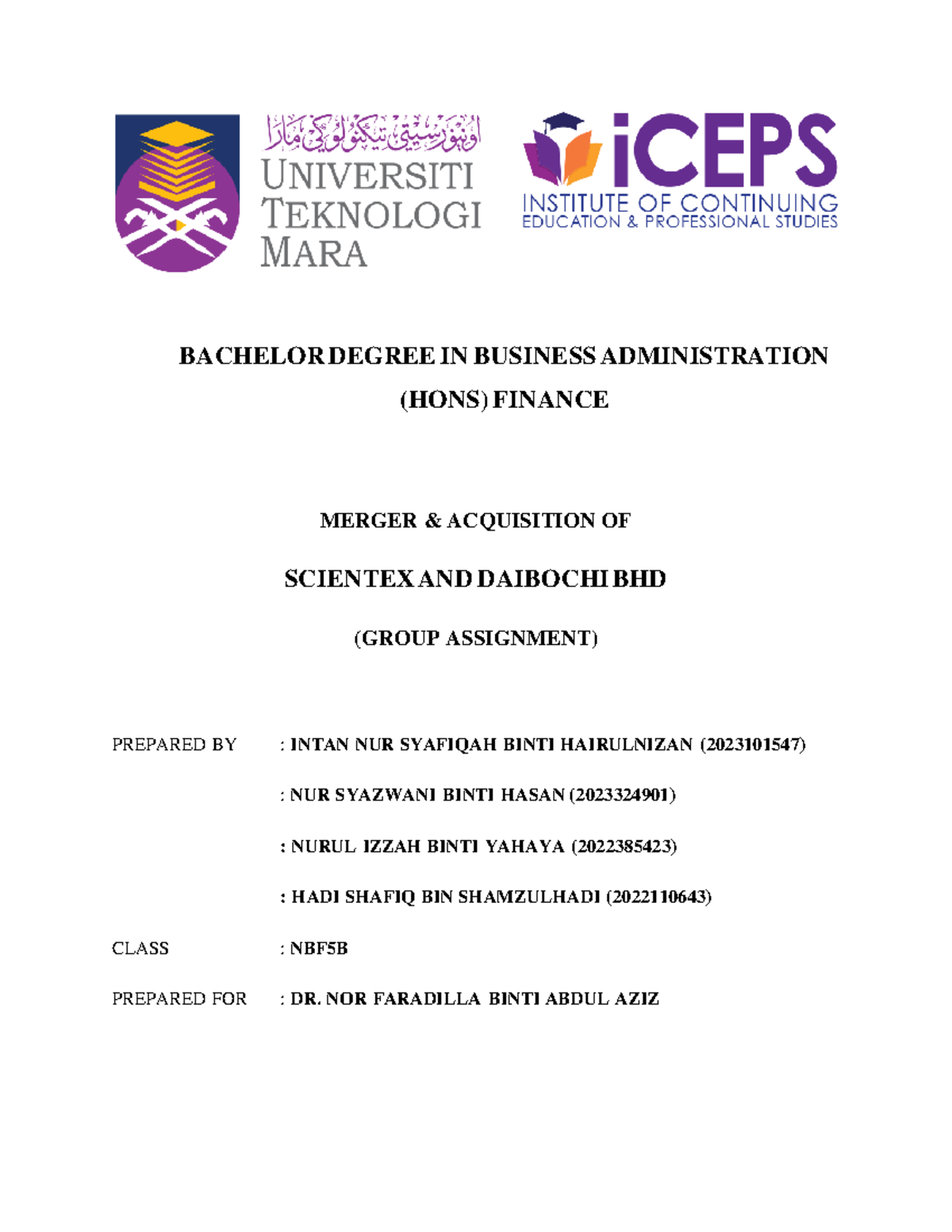 GROUP ASSIGNMENT 1 - FIN544 SCIENTEX AND DAIBOCHI - BACHELOR DEGREE IN ...