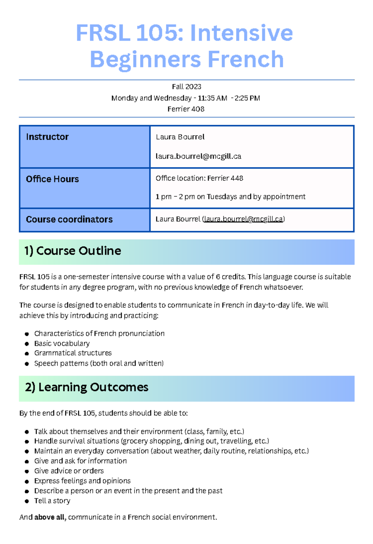 Syllabus Frsl 105 - FRSL 105: Intensive Beginners French FRSL 105 is a ...