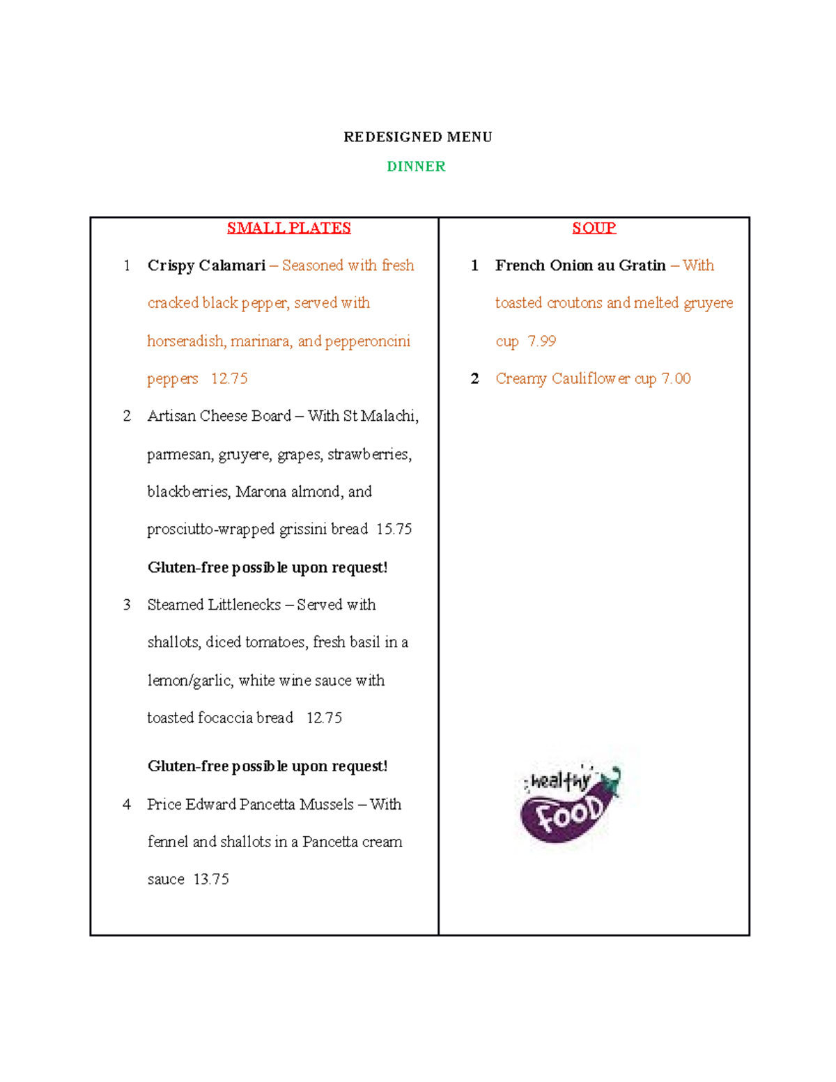 Menu Design - REDESIGNED MENU DINNER SMALL PLATES 1 Crispy Calamari ...