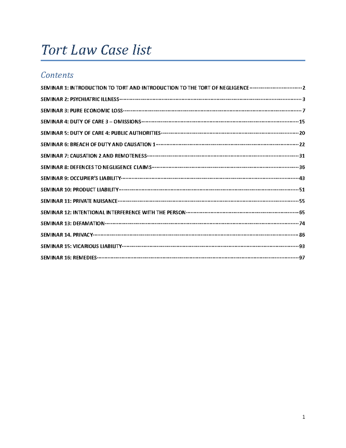 54506919 Tort Law Caselist - Tort Law Case 1: INTRODUCTION TO TORT AND ...