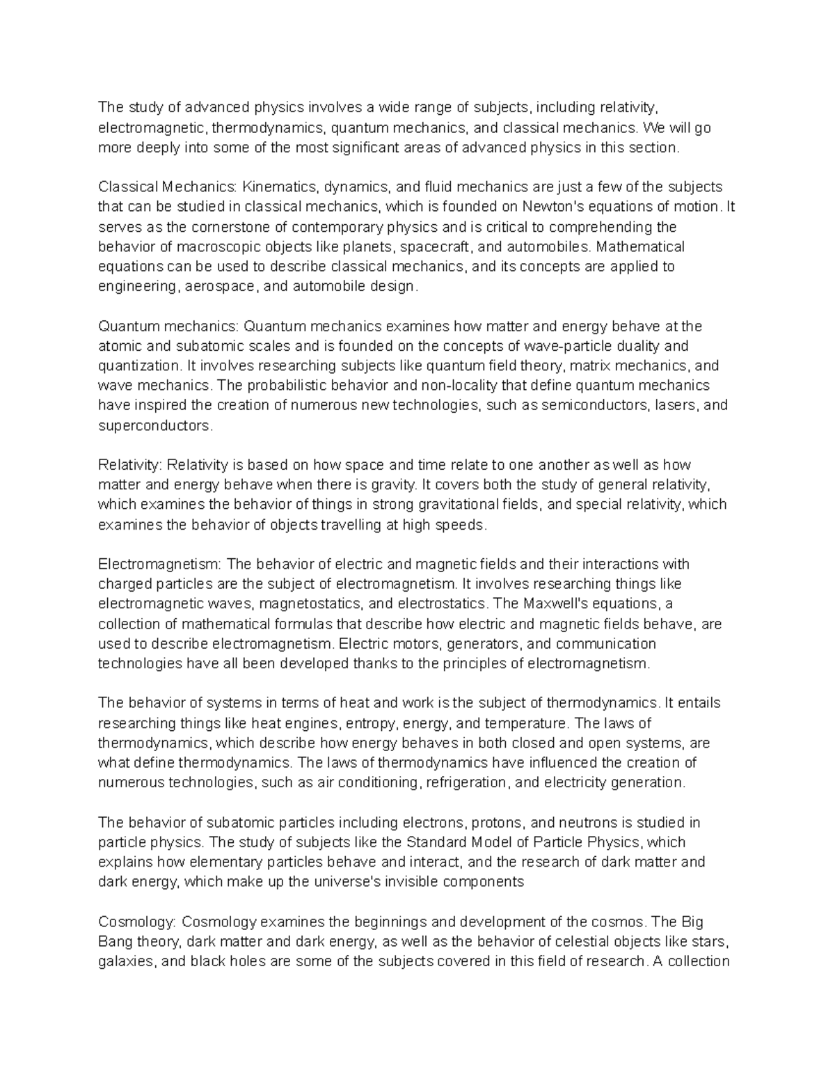 Notes on Advanced Physics - The study of advanced physics involves a ...