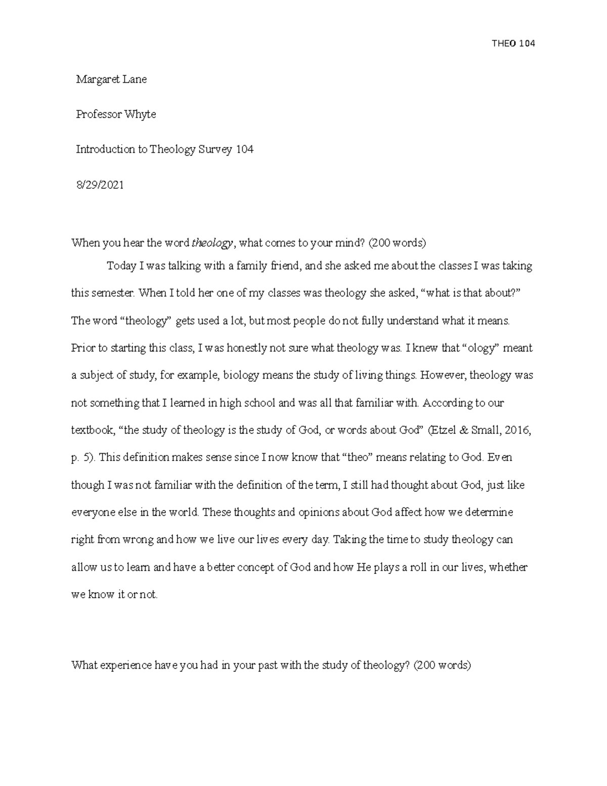 Theology essay - Grade: A - THEO 104 - LU - Studocu