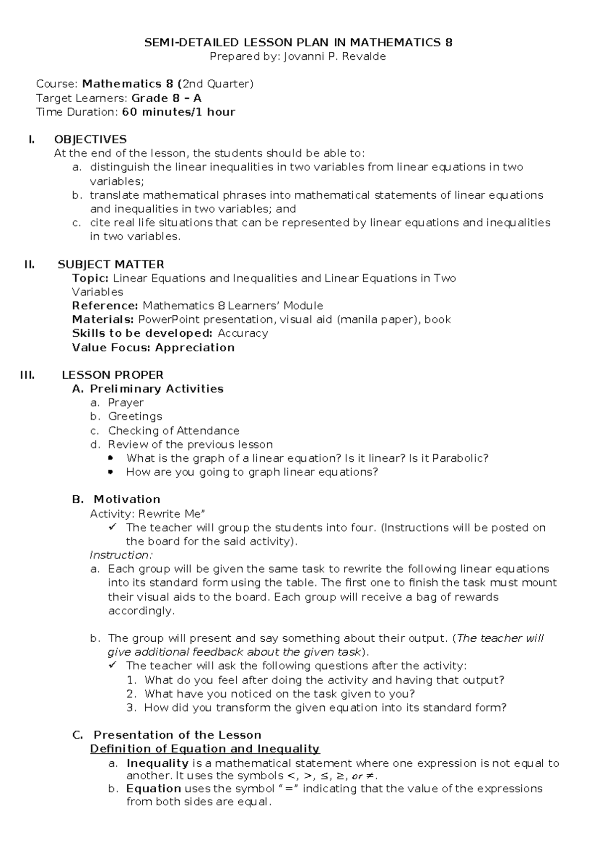 Lesson PLAN MATH 8 (2nd Quarter) - SEMI-DETAILED LESSON PLAN IN ...
