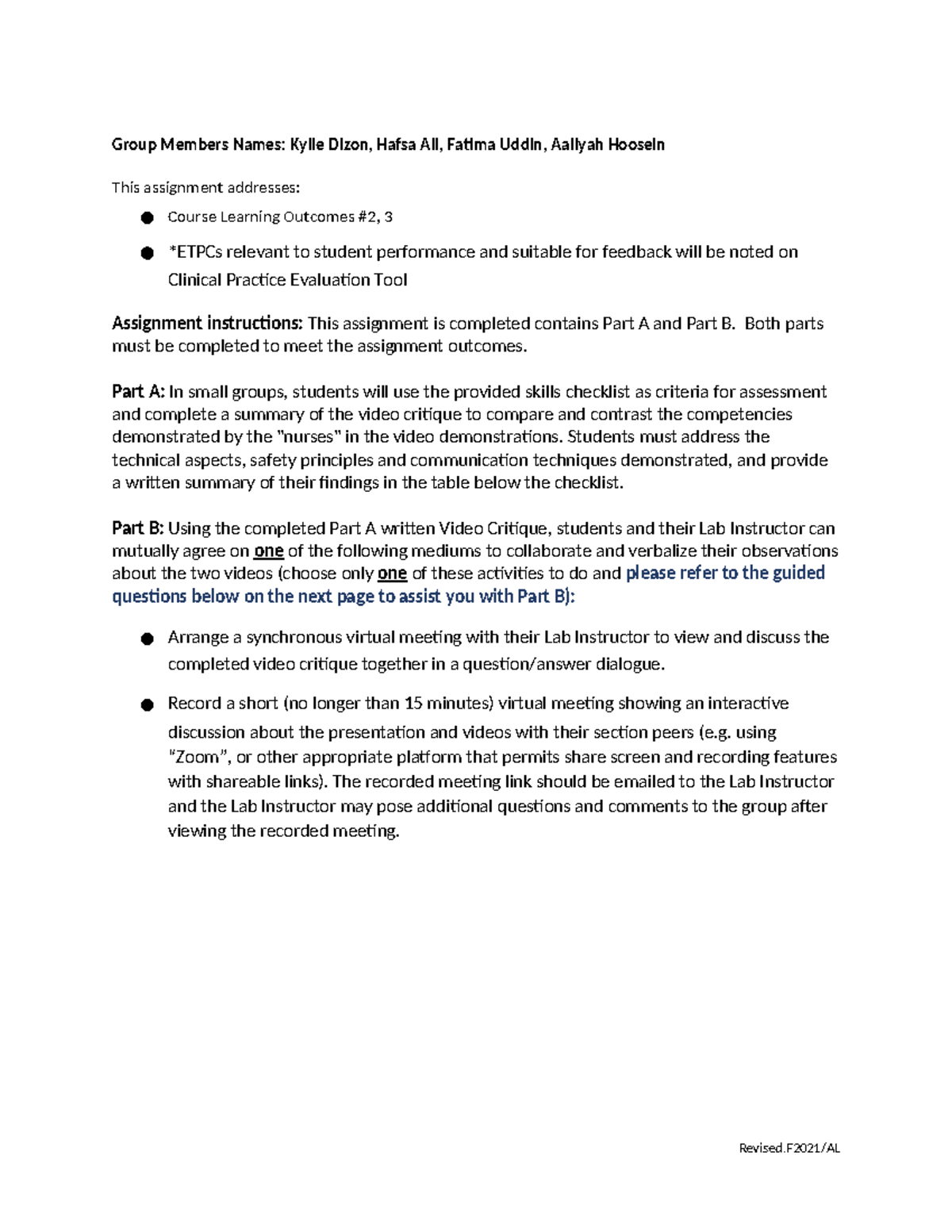 Aaliyah Hoosein - PPE Assignment - Group Members Names: Kylie Dizon ...