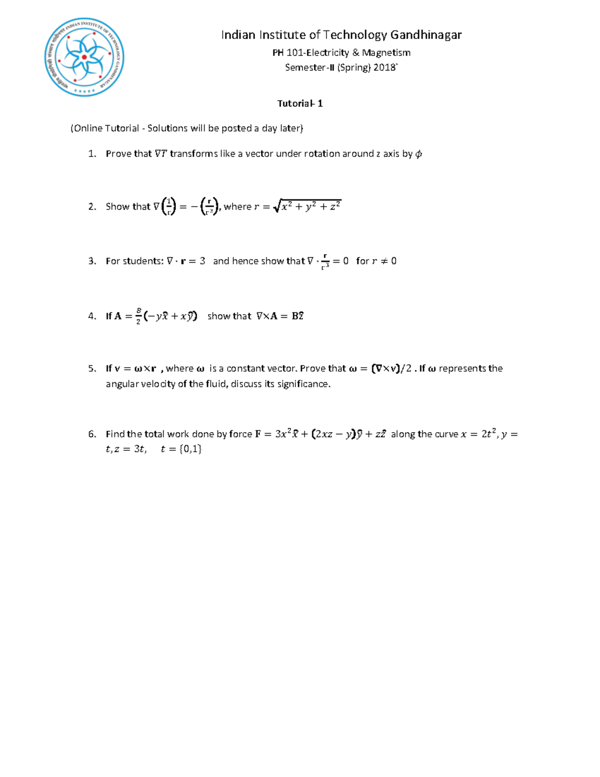 Tutorial 1 Vector Calculus - Indian Institute of Technology Gandhinagar ...