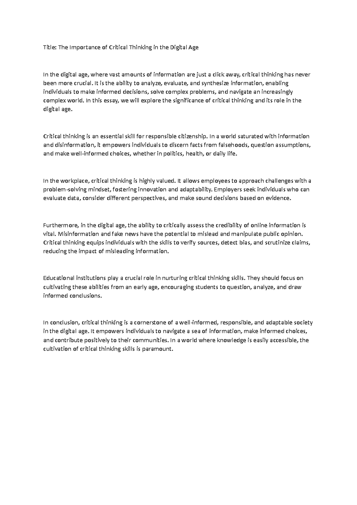Title 16 - Longest subject english - Title: The Importance of Critical ...