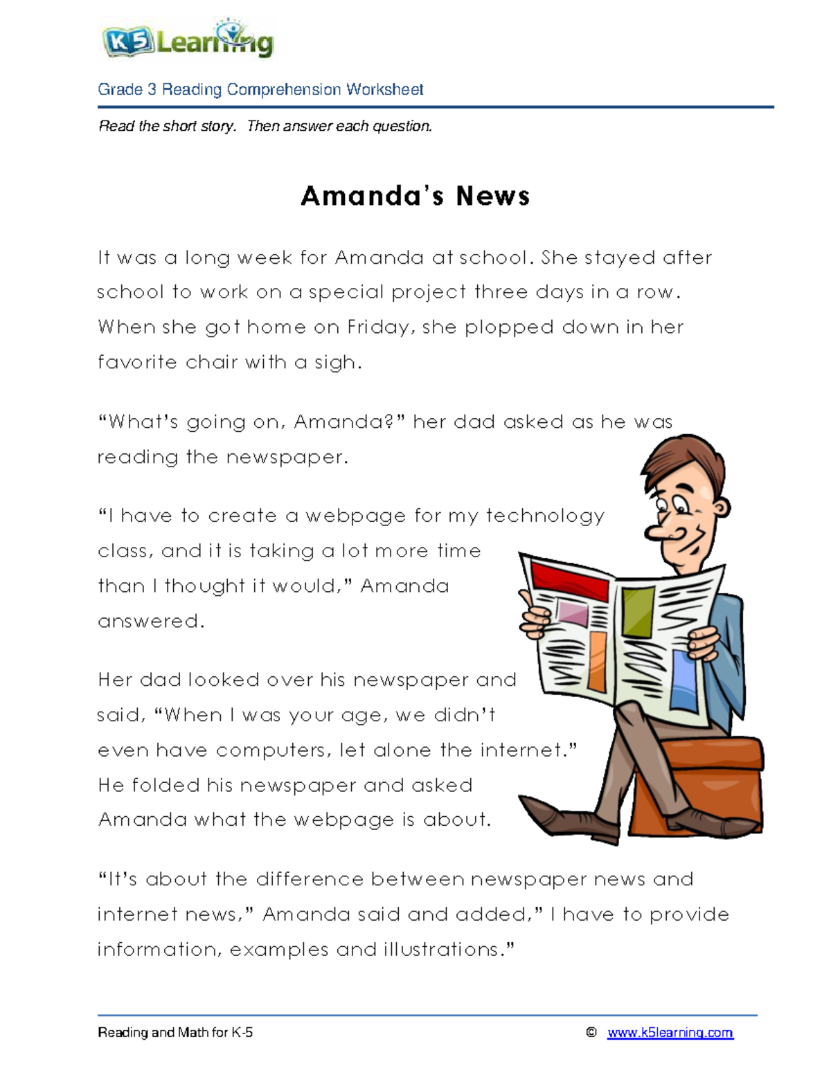 3rd grade 3 reading amandas news - Read the short story. Then answer ...