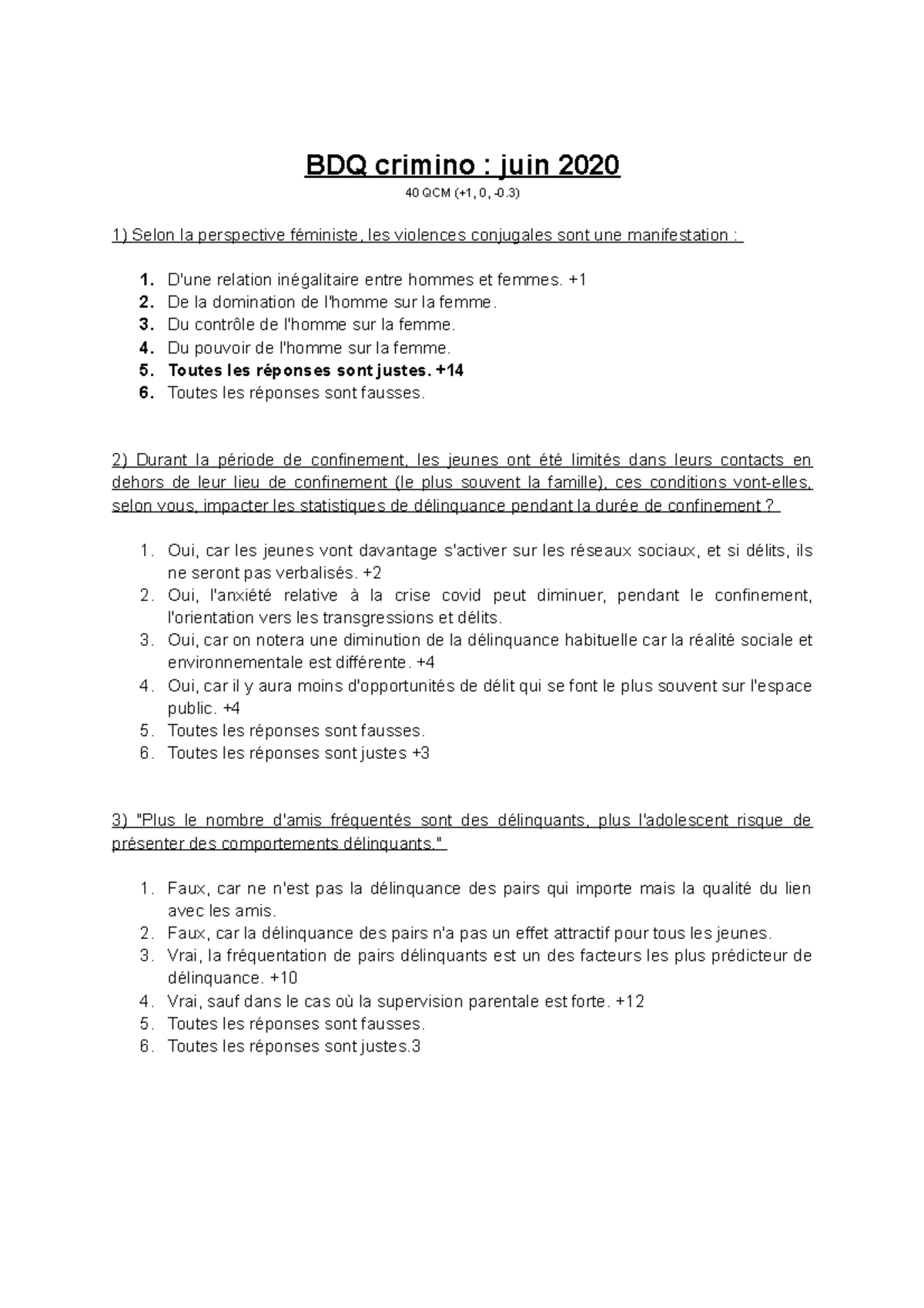 BDQ Crimino Juin 2020 - examen - BDQ crimino : juin 2020 40 QCM (+1, 0 ...