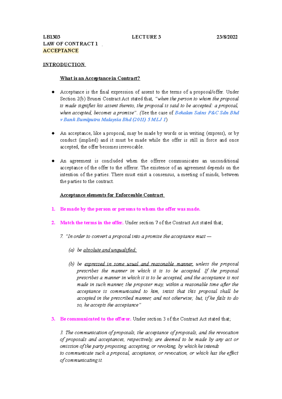 LB1303 Contract Lecture 3 - LB1303 LECTURE 3 23/8/ LAW OF CONTRACT 1 ACCEPTANCE INTRODUCTION ...