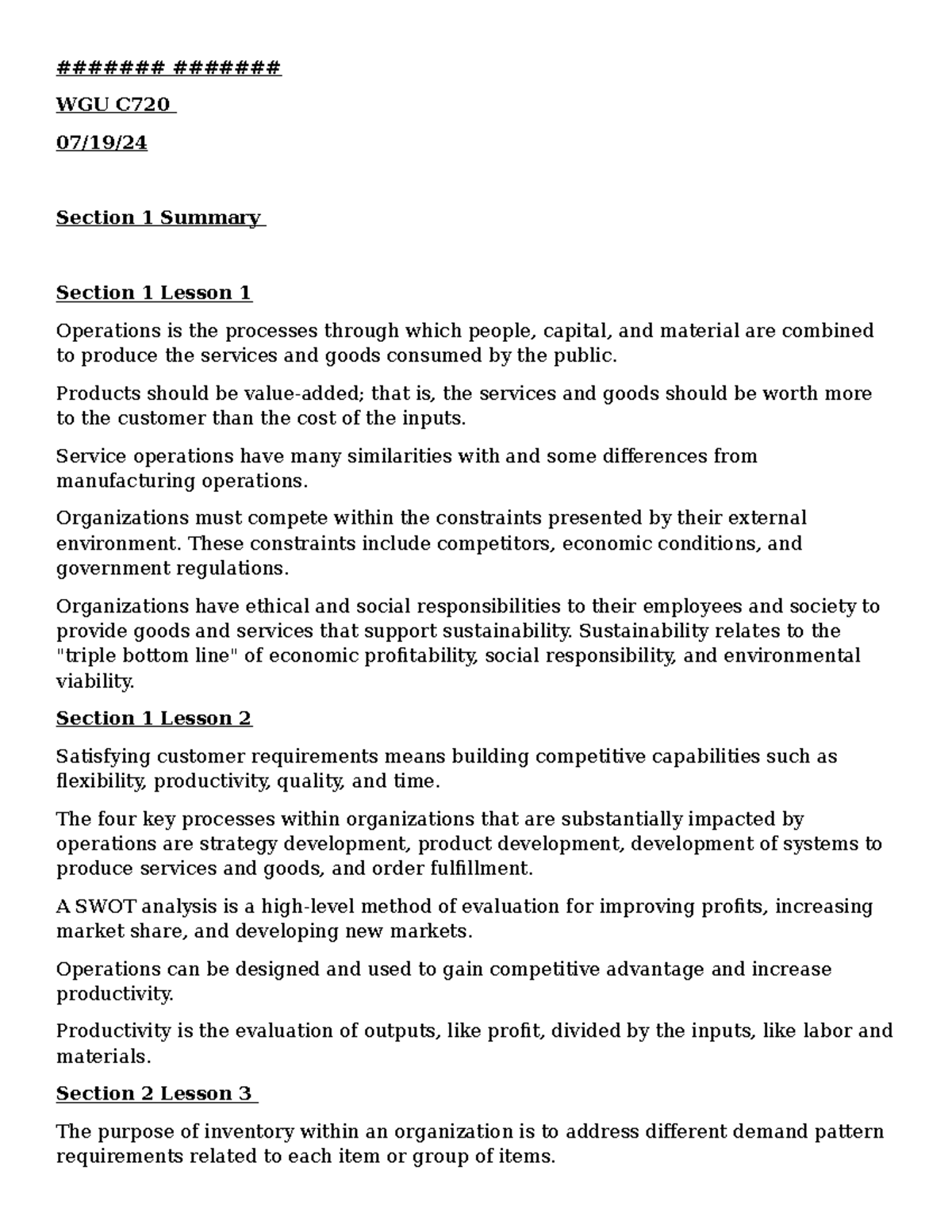 C720 Section 1 Summary s - ####### WGU C 07/19/ Section 1 Summary ...