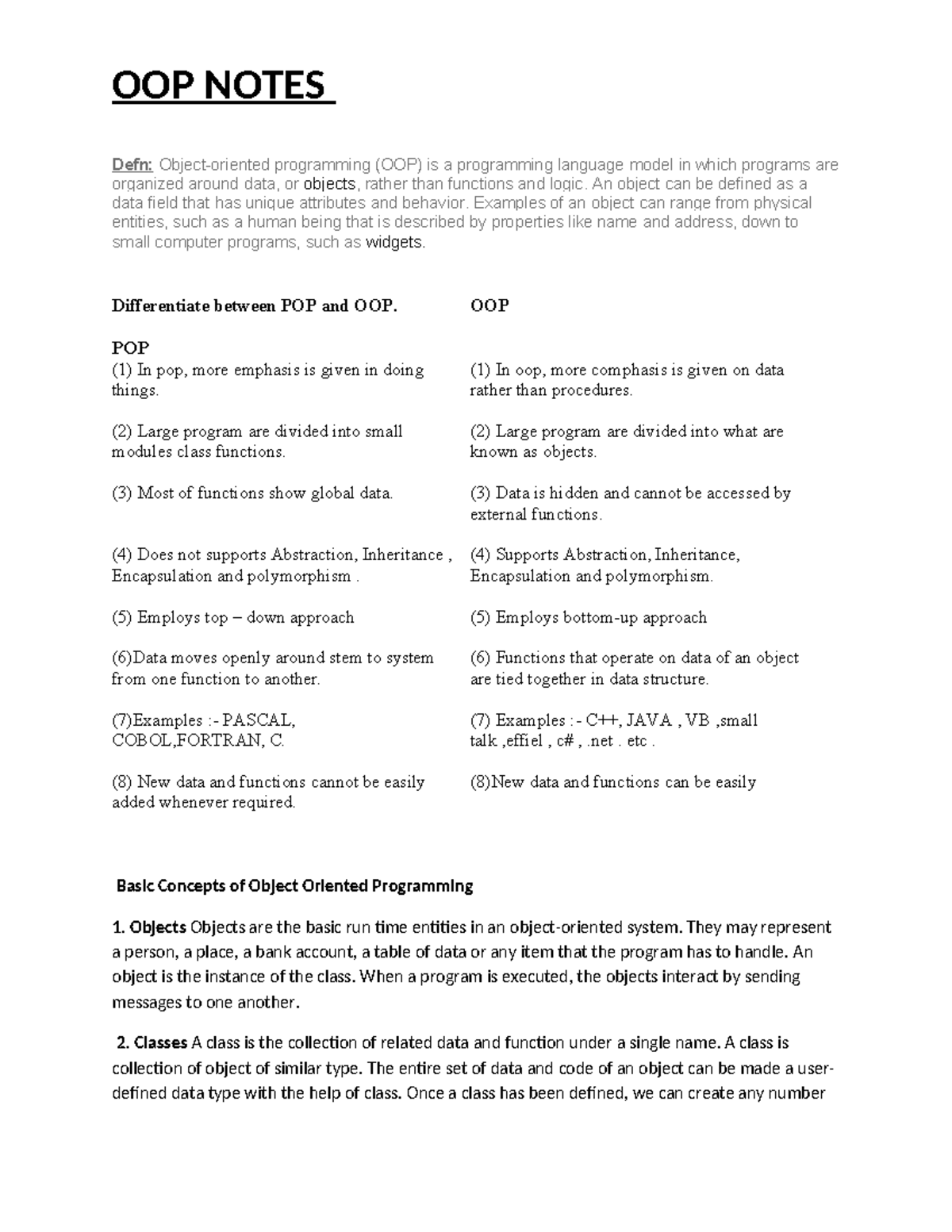 Oop notes - N/A - Defn: Object-oriented programming (OOP) is a ...