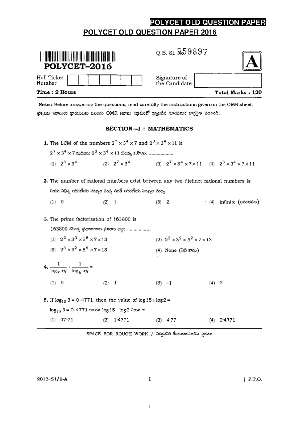 Old Qp - pyq with answers - English - POLYCET OLD QUESTION PAPER - Studocu
