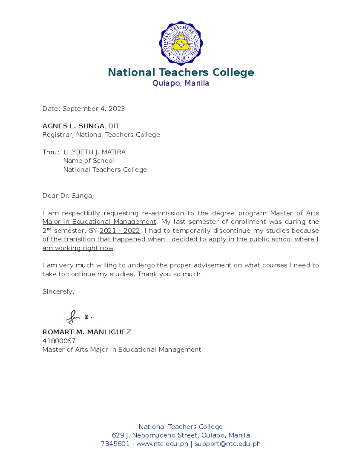 Readmission Letter - Follow the instructions very carefully. - National ...