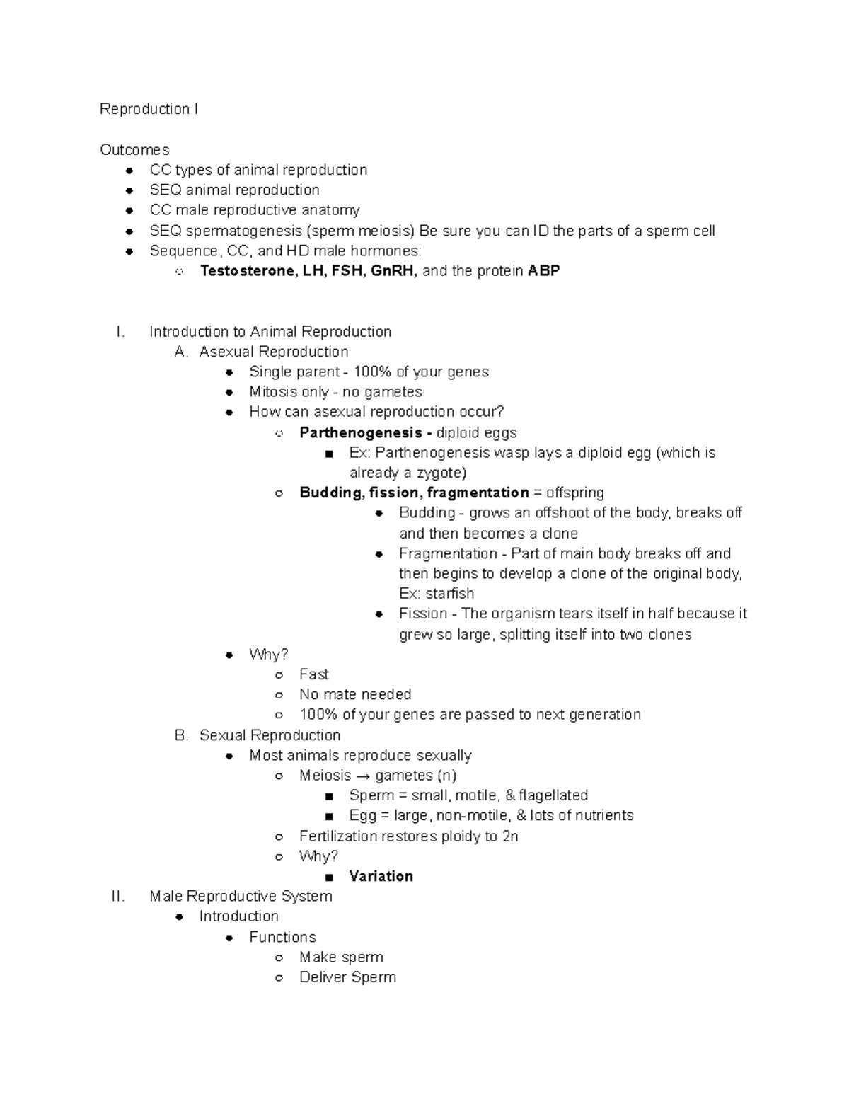 Reproduction 1 Notes - Reproduction I Outcomes CC types of animal ...