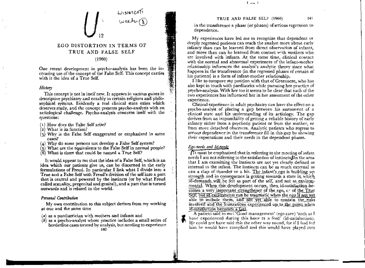 Winnicott, Maturational Process, Chap 12 - WINNICOTI U week TRUE AND ...