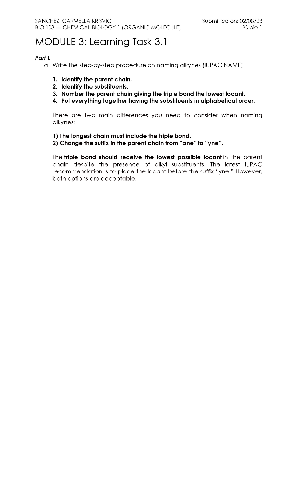 Module 3 - Learning Tasks 3.1 (pdflong - SANCHEZ, CARMELLA KRISVIC Submitted on: 02/08/ BIO 103 ...