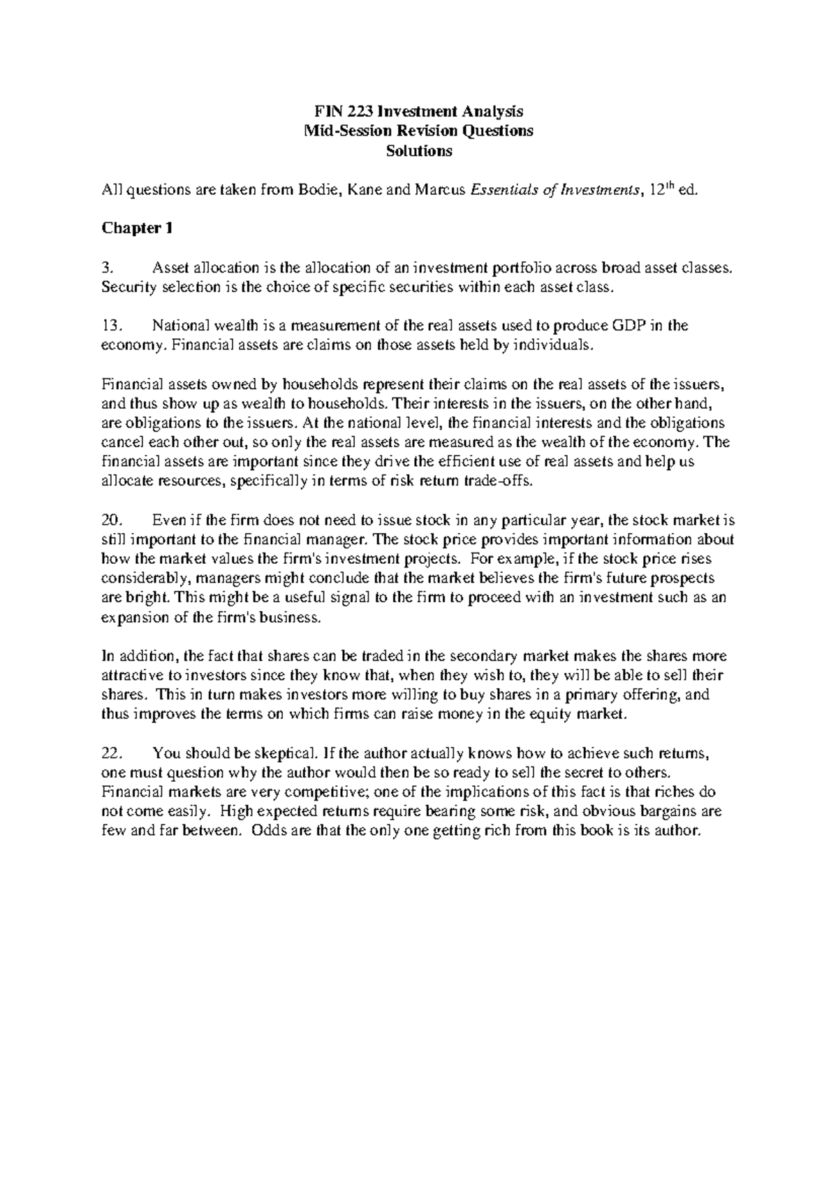 FIN 223 Revision Question Solutions - FIN 223 Investment Analysis Mid ...
