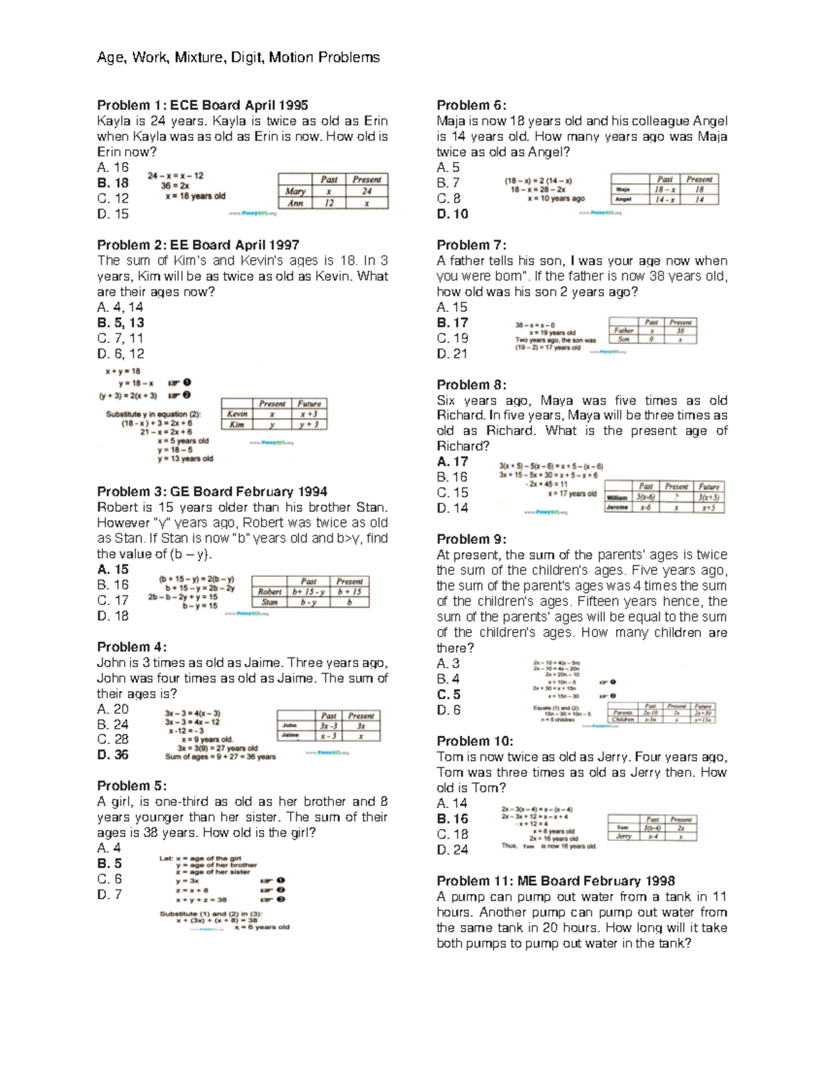 Pdfcoffee - hello - Problem 1: ECE Board April 1995 Kayla is 24 years. Kayla is twice as old as ...