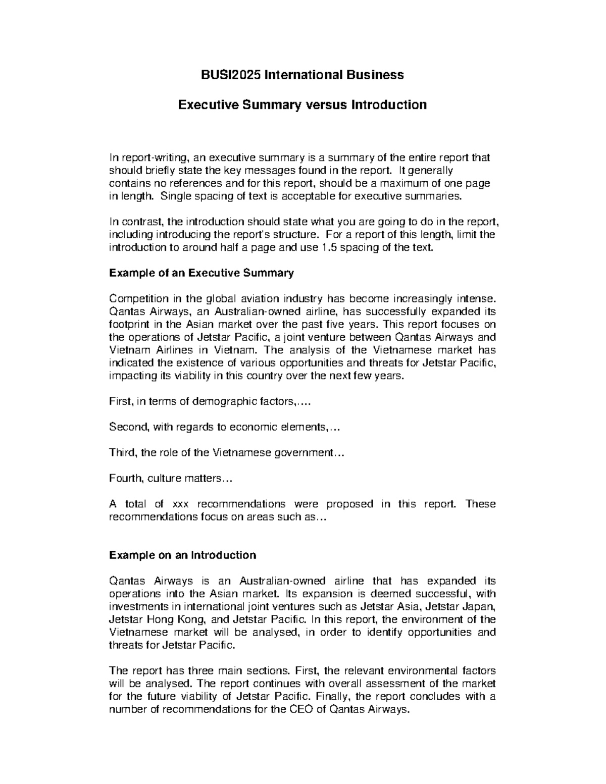 Executive summary versus Introduction - BUSI2025 International Business ...