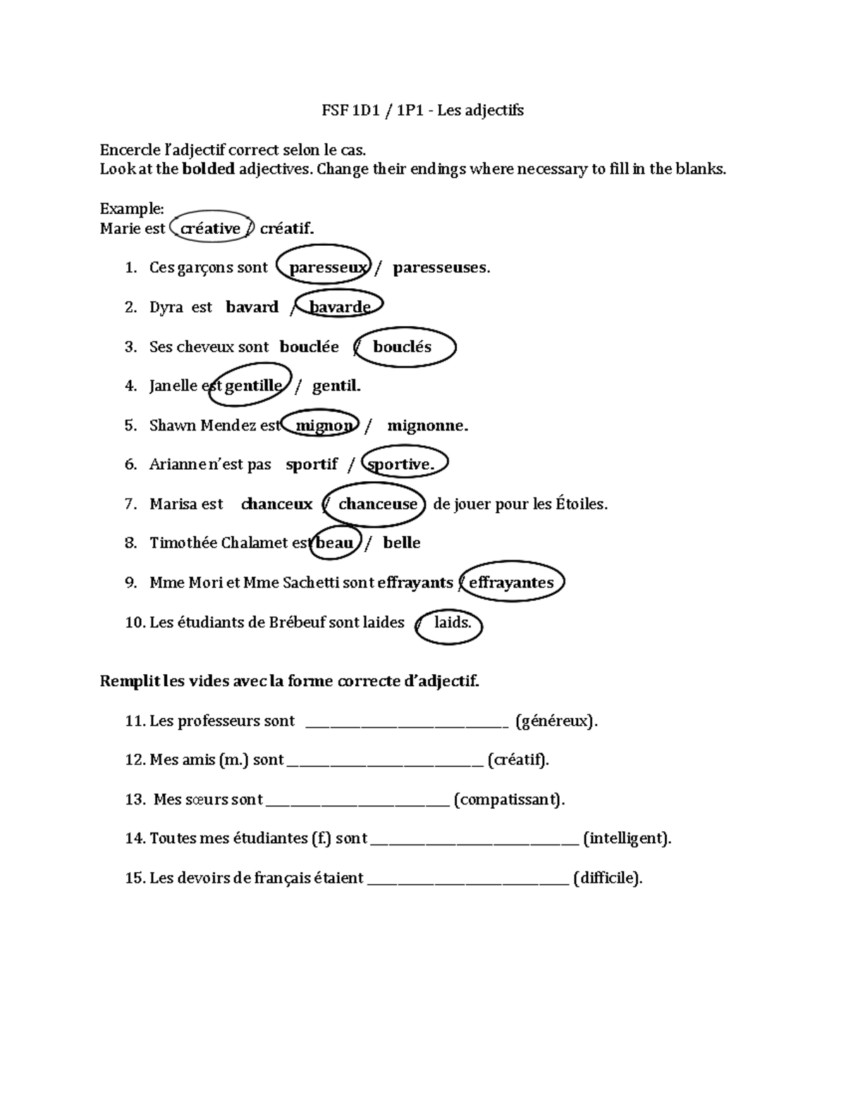 Adjectives circling Practice 2022 - FSF 1D1 / 1P1 - Les adjectifs ...