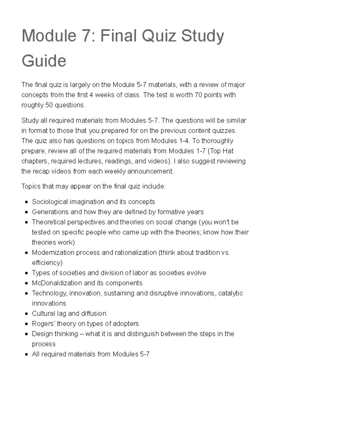 Module 7 Final Quiz Study Guide SOC 352 Social Change (2020 Fall - B) - Module 7: Final Quiz ...