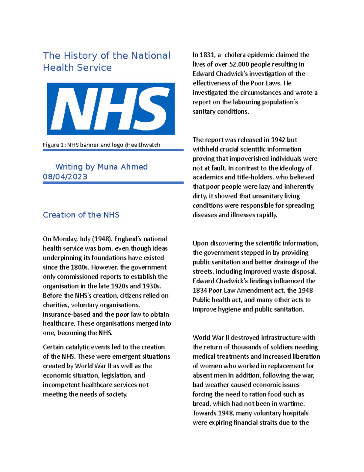 Unit 6 getting a distinction - The History of the National Health ...