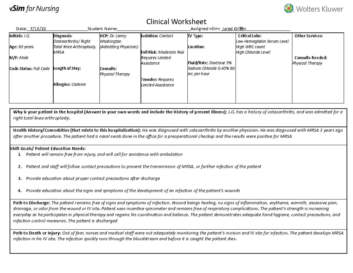 Fundamentals Jaredgriffin clinicalworksheets - Clinical Worksheet Date ...