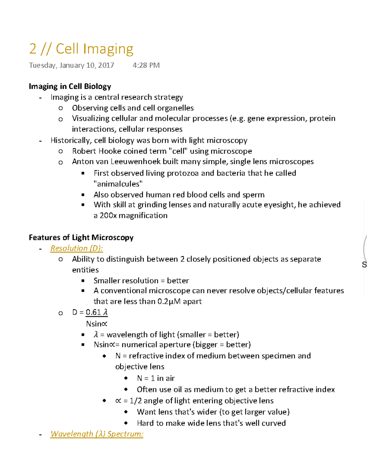 2 Cell Imaging - Lecture notes for bio2382 2017 - Imaging in Cell ...