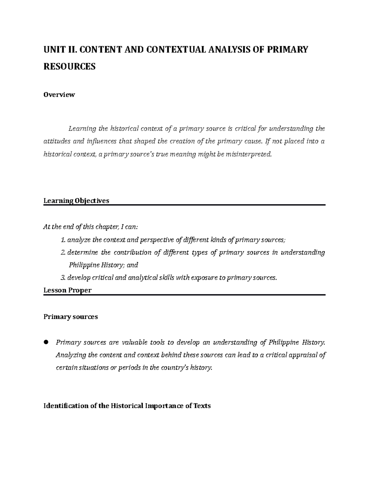 GE-2 UNIT II - Readings in Philippine History - UNIT II. CONTENT AND CONTEXTUAL ANALYSIS OF ...