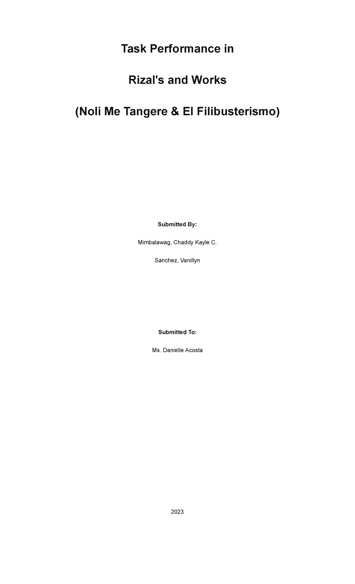 PRE- Final Tpmimbalawagsanchez - Task Performance in Rizal's and Works (Noli Me Tangere & El ...