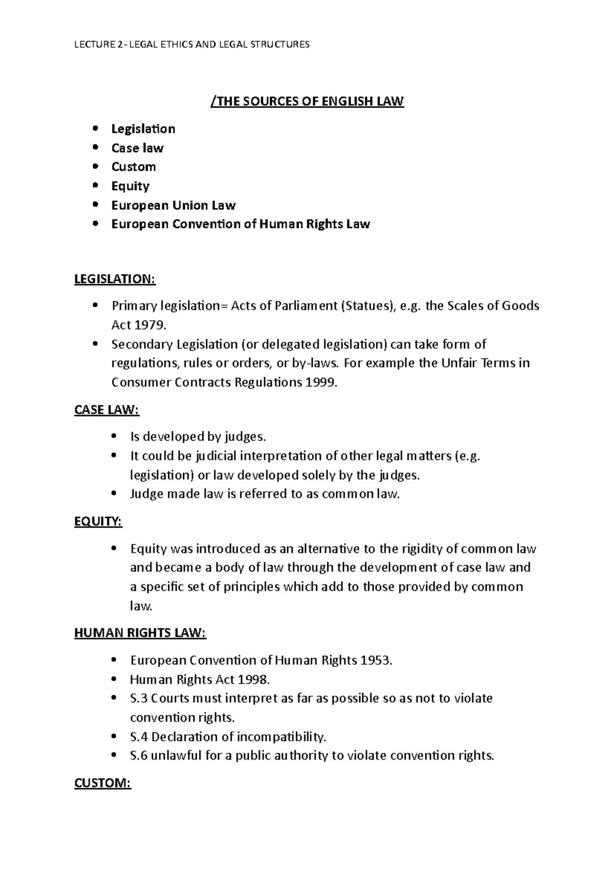 Lecture 2- THE Sources OF English LAW - /THE SOURCES OF ENGLISH LAW ...