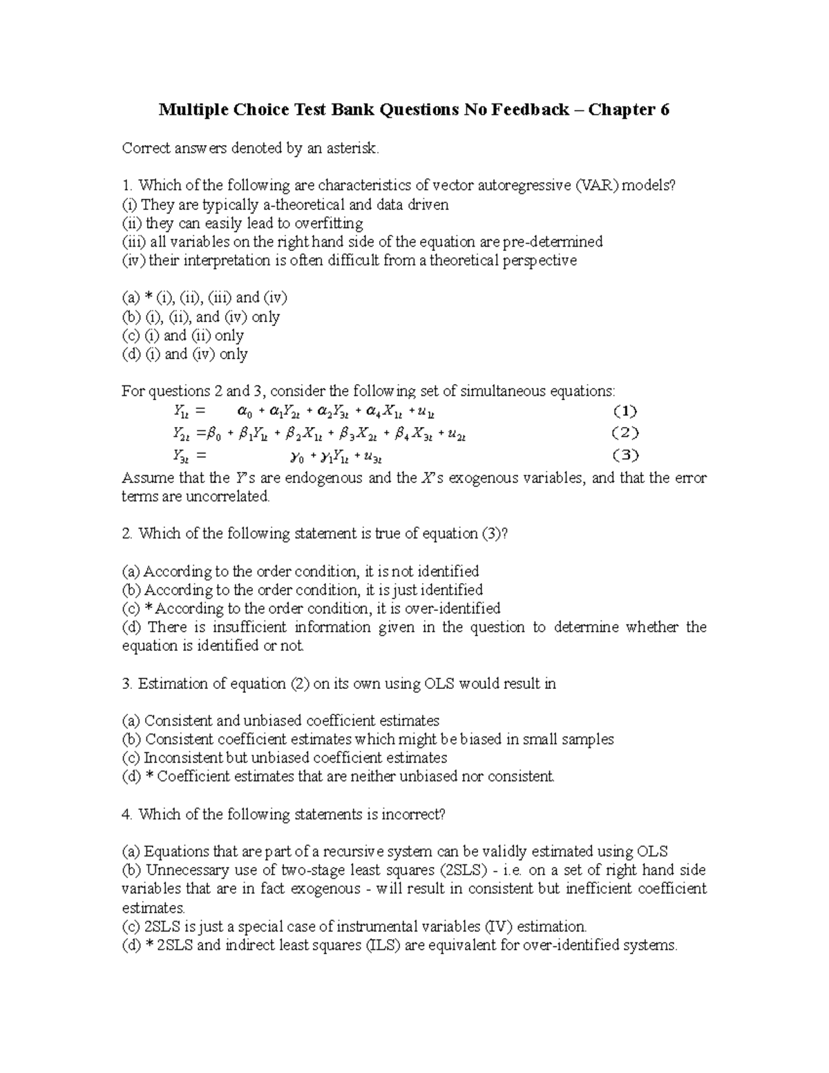 Test Bank Chapter 6 Of Introductory Econometrics For Finance Multiple Choice Test Bank
