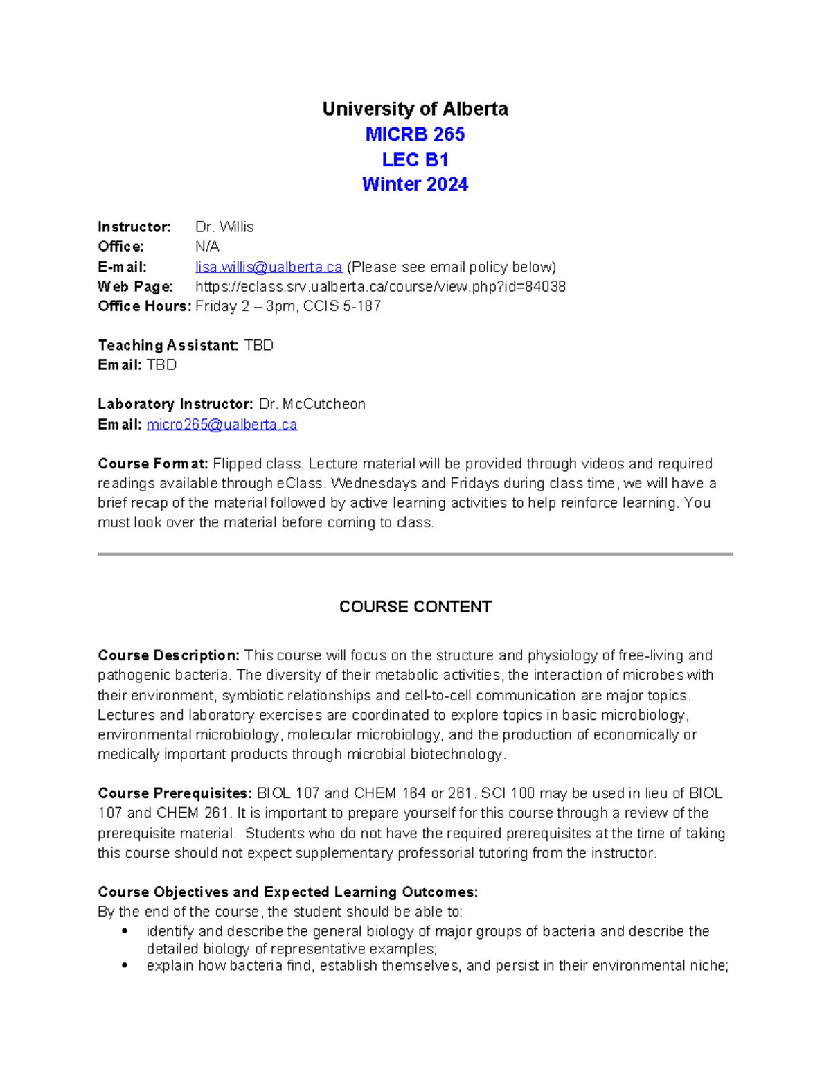 Micrb 265 Winter 2024 Syllabus Draft - University of Alberta MICRB 265 LEC B Winter 2024 ...