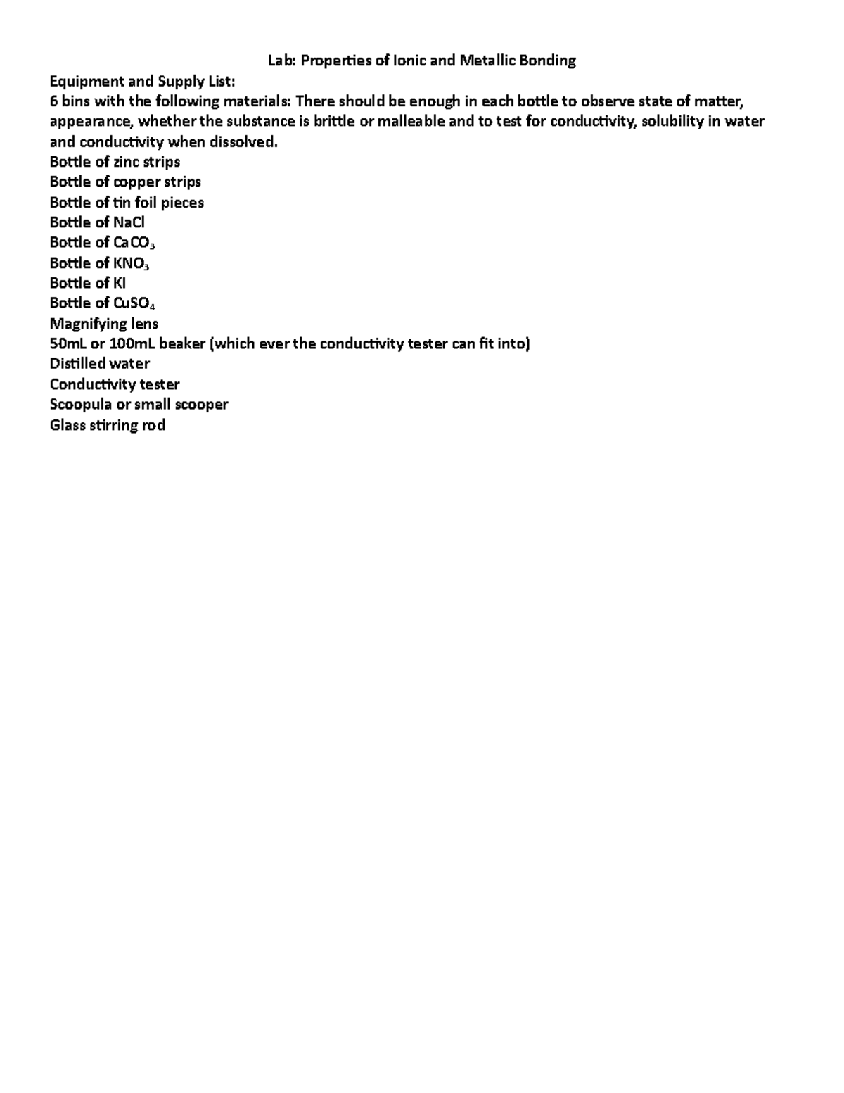 Lab Properties of Ionic and Metallic Bonds - Lab: Properties of Ionic ...