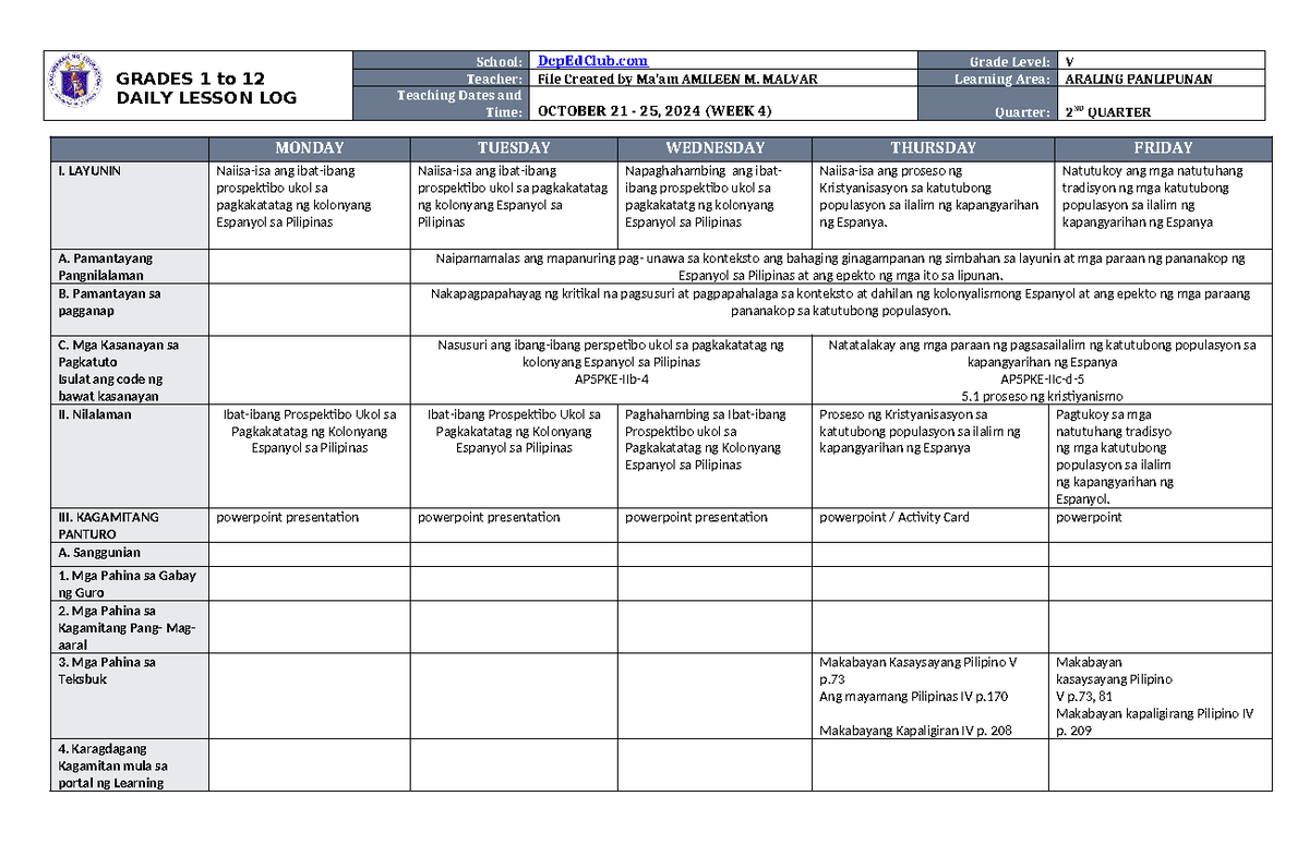DLL Araling Panlipunan 5 Q2 W4 - GRADES 1 to 12 DAILY LESSON LOG School: DepEdClub Grade Level ...