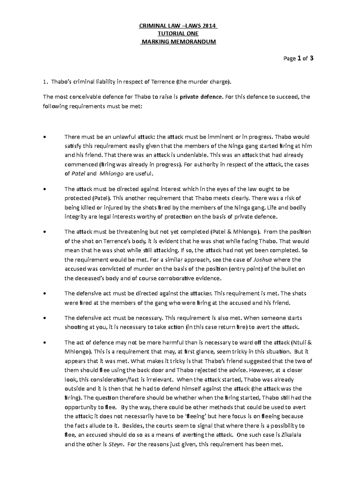 Tutorial 1 (2022) Grounds OF Justification - CRIMINAL LAW –LAWS 2014 ...