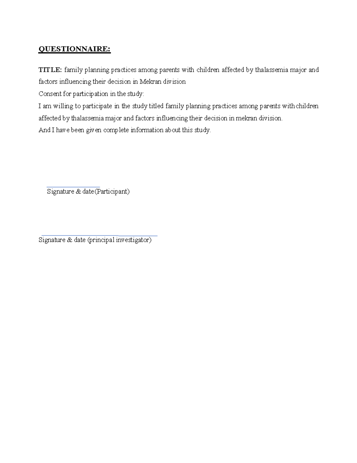 Questionnaire 1 - sdfhfhklsd - QUESTIONNAIRE: TITLE: family planning ...