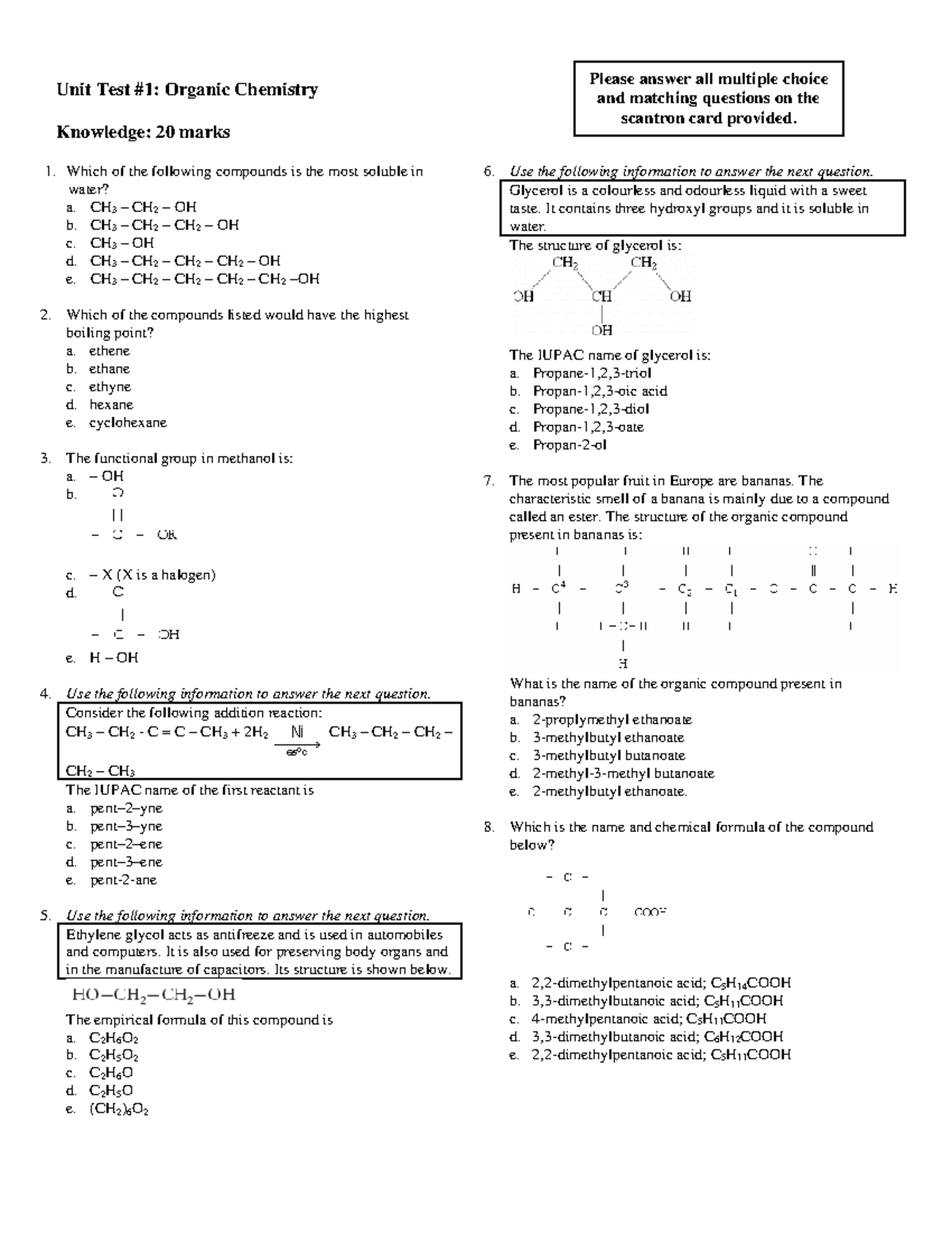 Unit Test Organic Chem Practice - Unit Test #1: Organic Chemistry ...