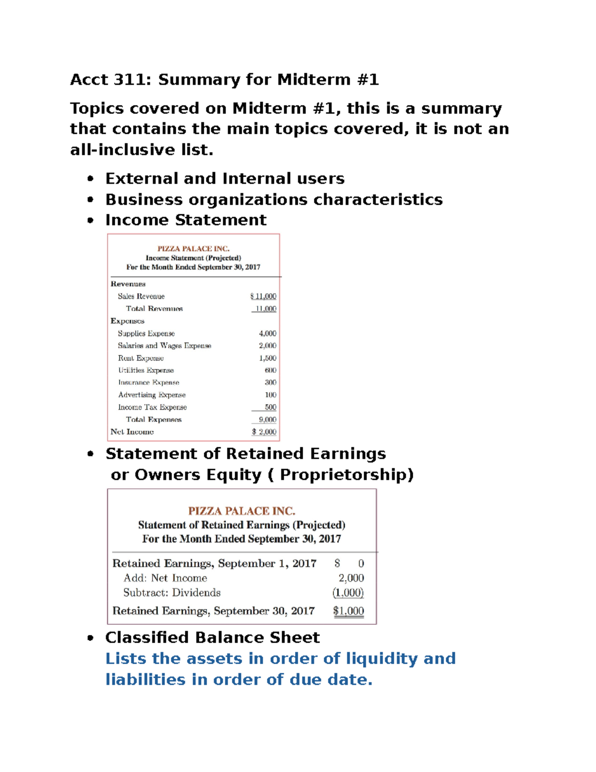 Acct 311 midterm 1 prep - Acct 311: Summary for Midterm Topics covered on Midterm #1, this is a ...