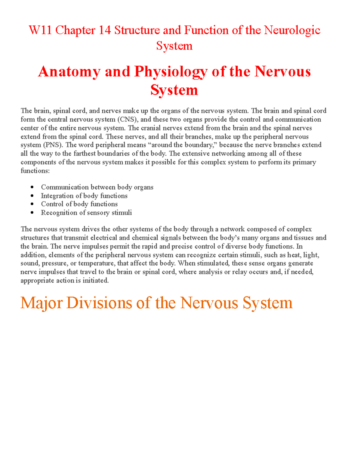 W11 Ch14 Anatomy AND Physiology OF Nervous System - W11 Chapter 14 ...