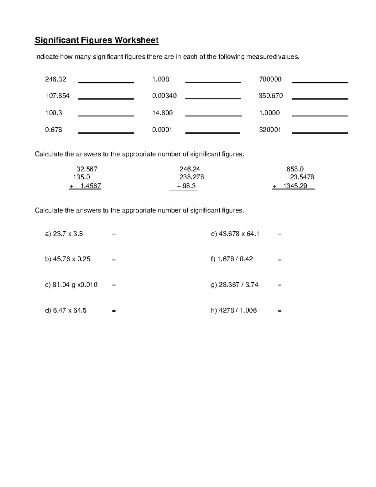 Significant Figures Worksheet - Significant Figures Worksheet Indicate ...