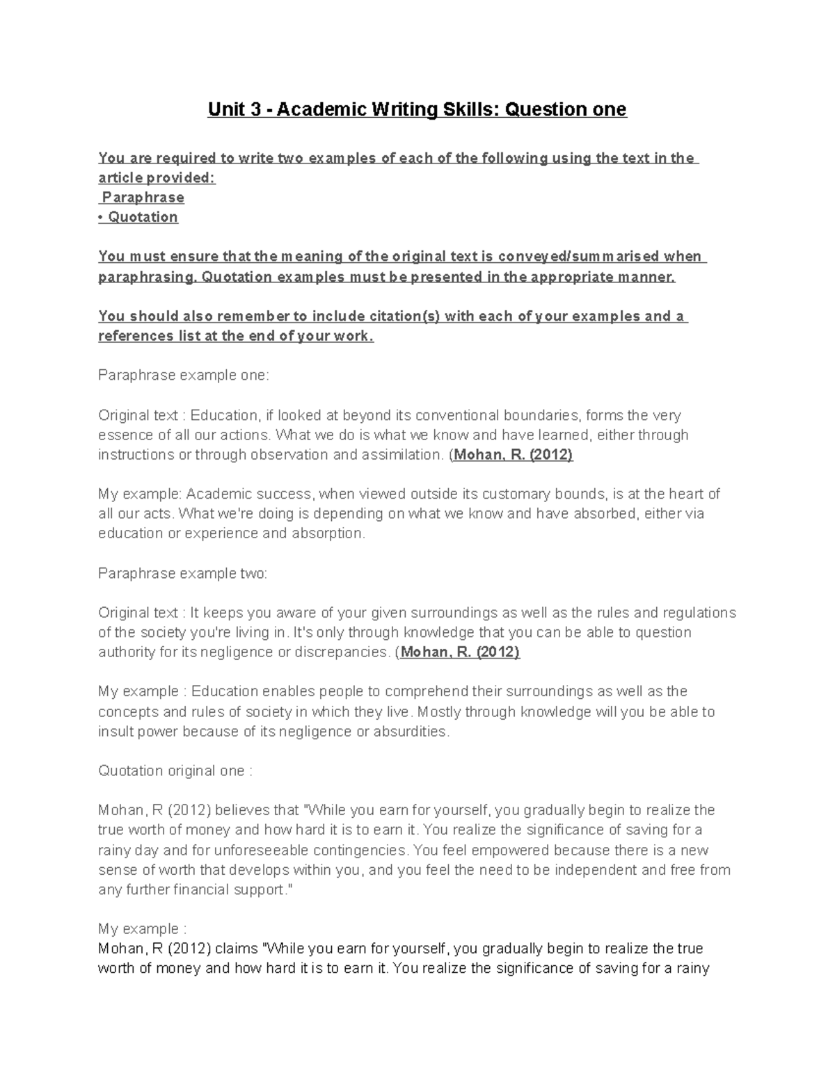 Unit 3 - Academic Writing Skills Question one Final - Unit 3 - Academic ...