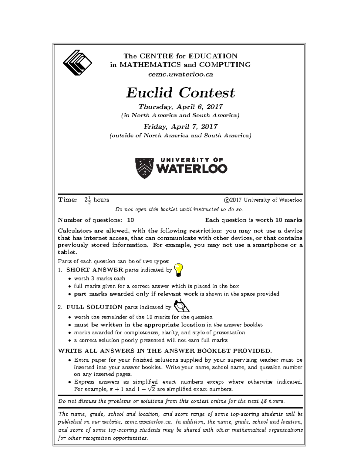 2017 Euclid Contest - Tttttttt - The CENTRE for EDUCATION in ...