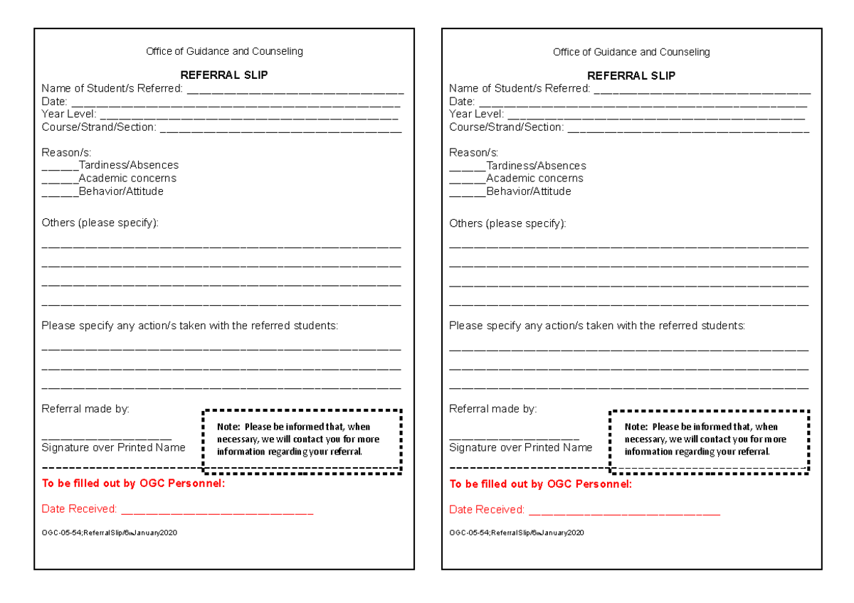 Referral Slip for OGC - Office of Guidance and Counseling REFERRAL SLIP ...