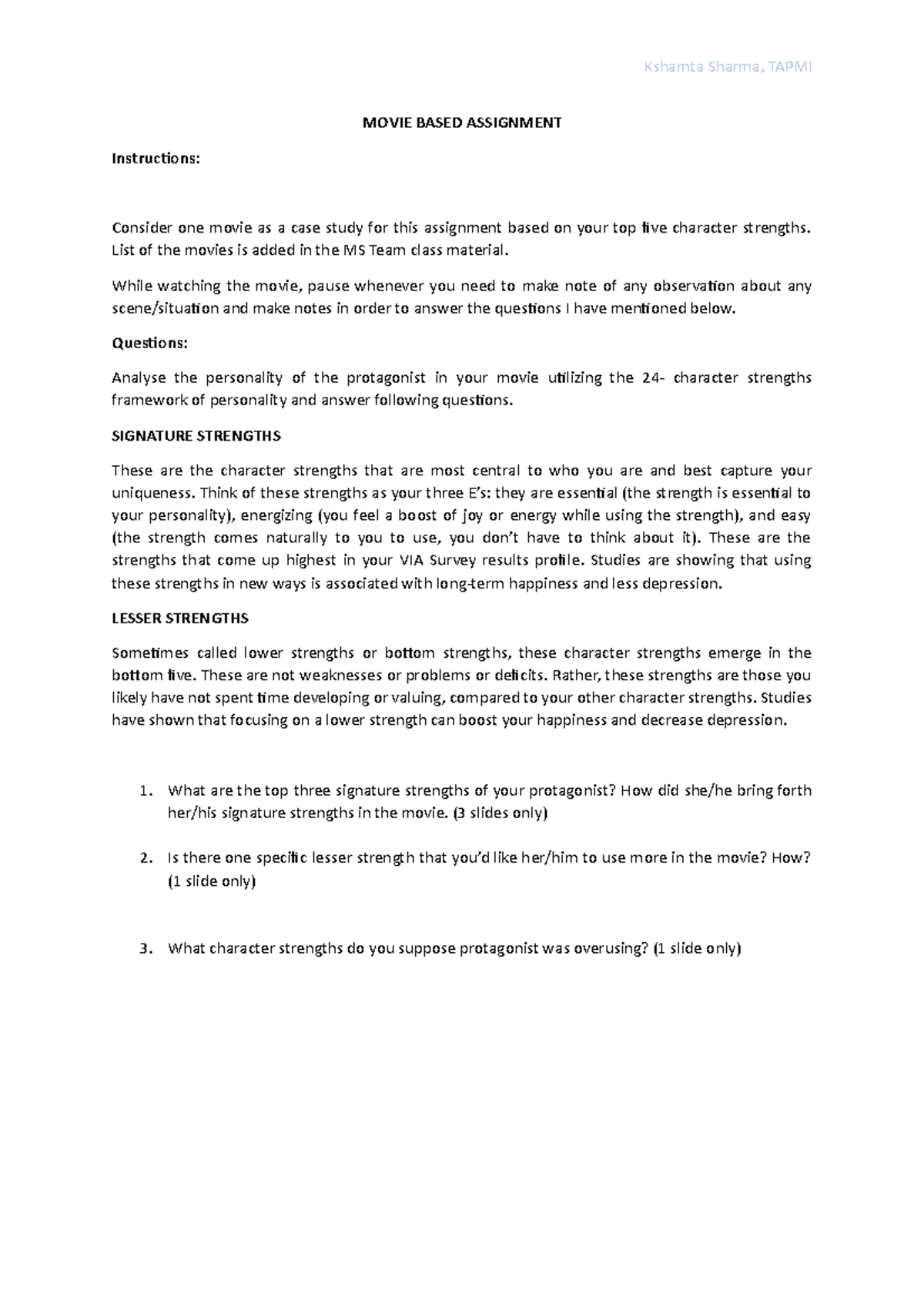 Instructions- Movies and Character Strengths - Kshamta Sharma, TAPMI ...