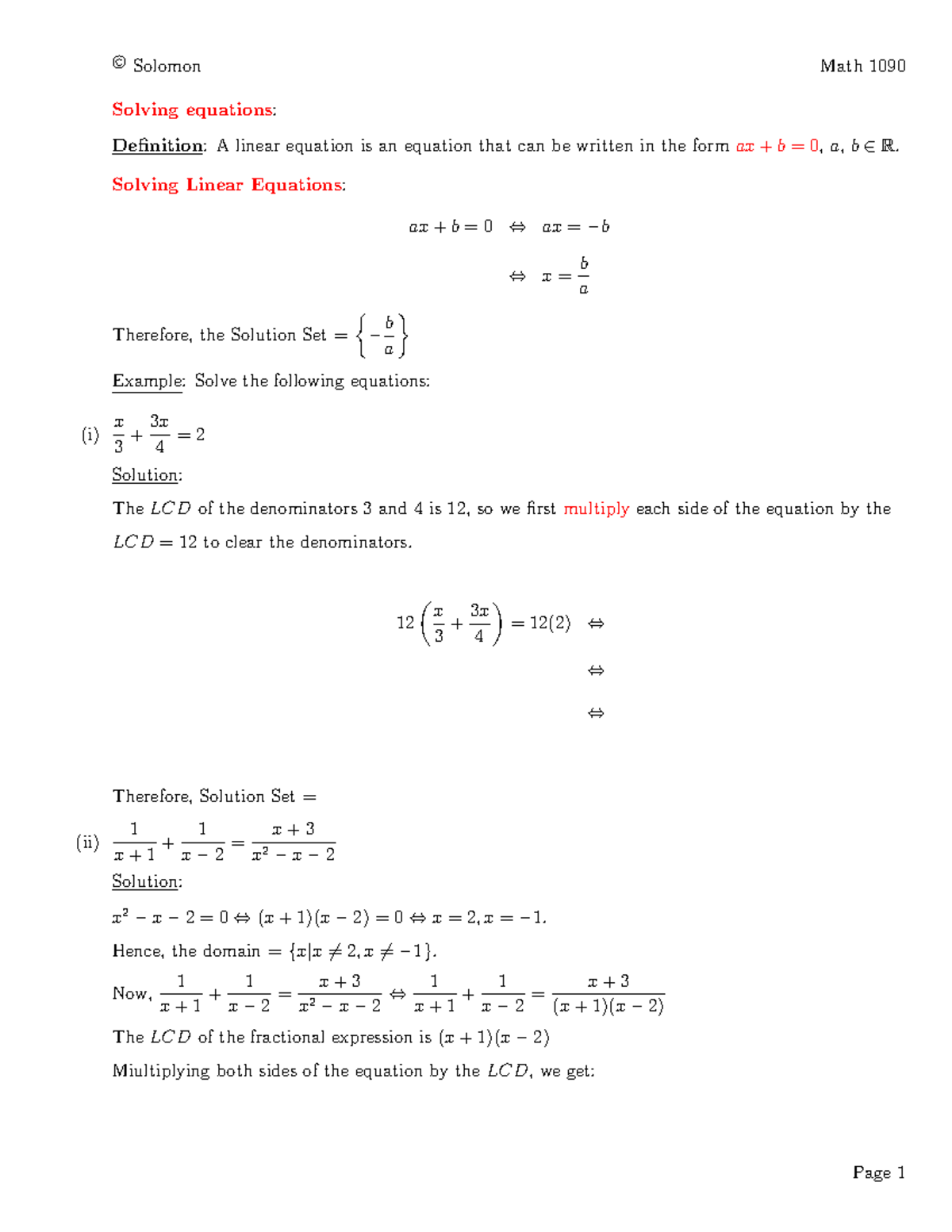 Solving Equationsand Inequalities - Solving equations: Definition: A ...